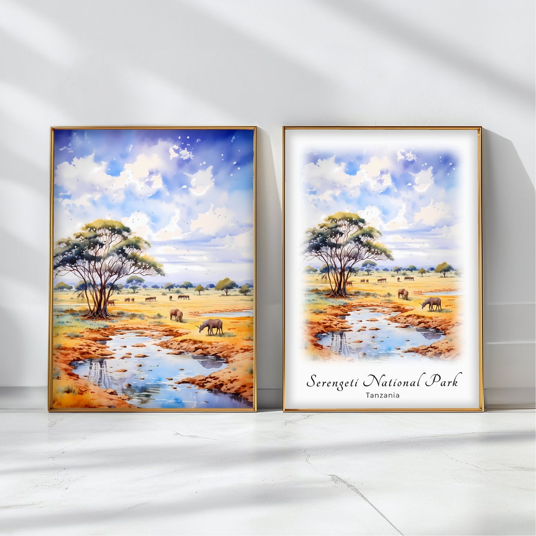Serengeti National Park Watercolor Poster Travel Art Print Tanzania ...