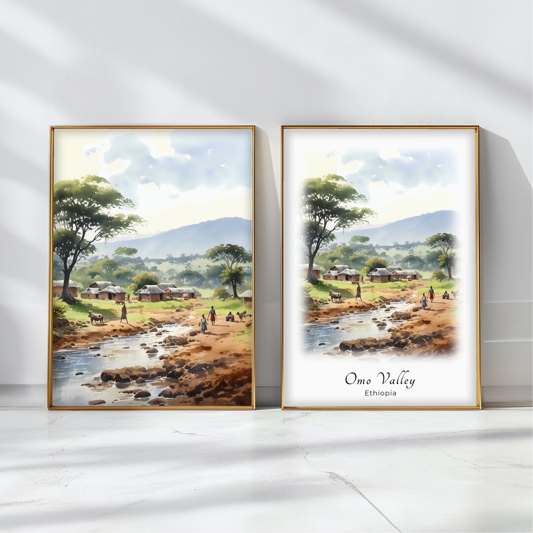 Omo Valley Watercolor Poster Travel Art Print Ethiopia Landscape Art ...