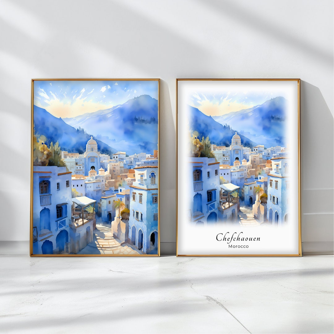 Chefchaouen Watercolor Poster Travel Art Print Morocco Landscape Art ...