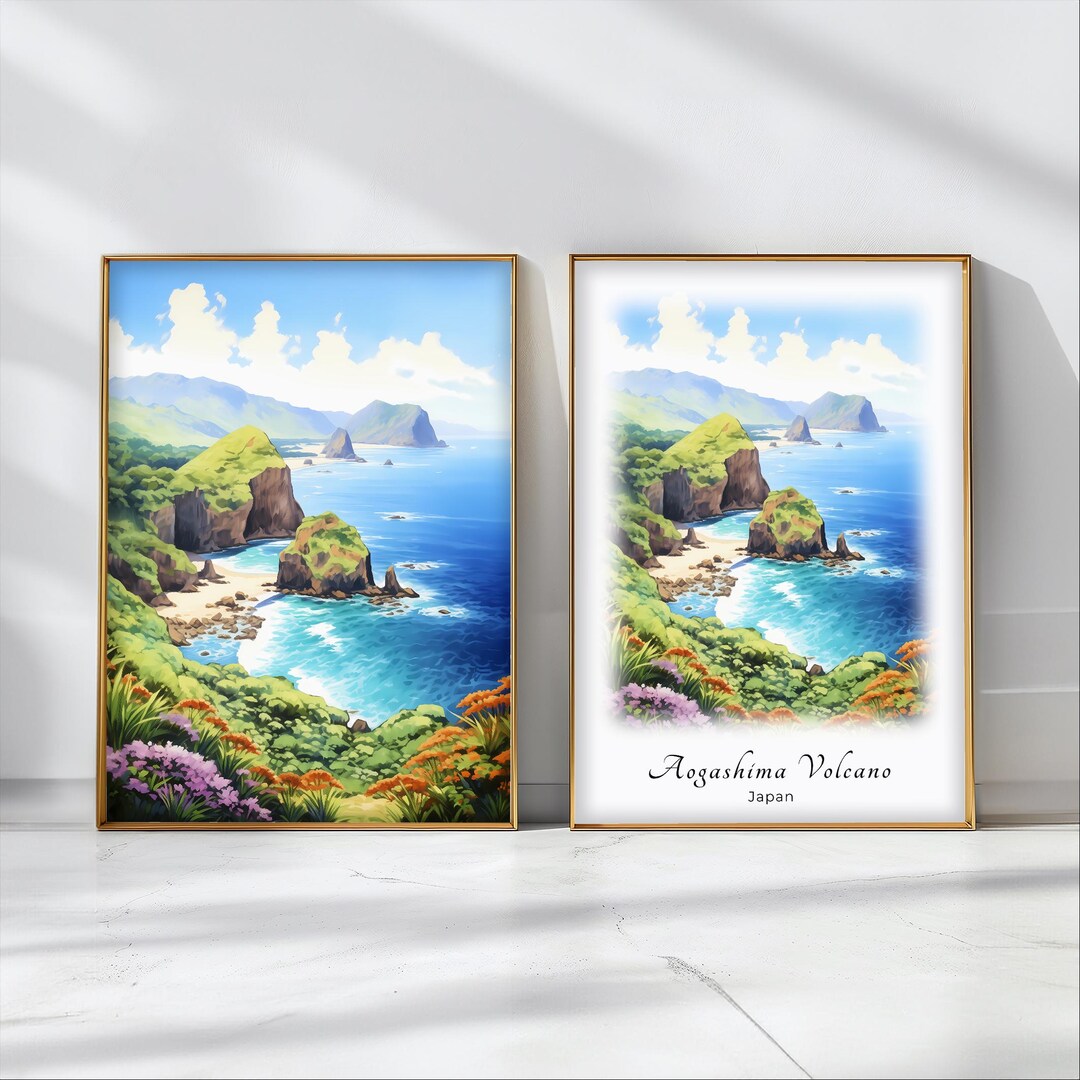 Aogashima Volcano Watercolor Poster Travel Art Print Japan Landscape ...