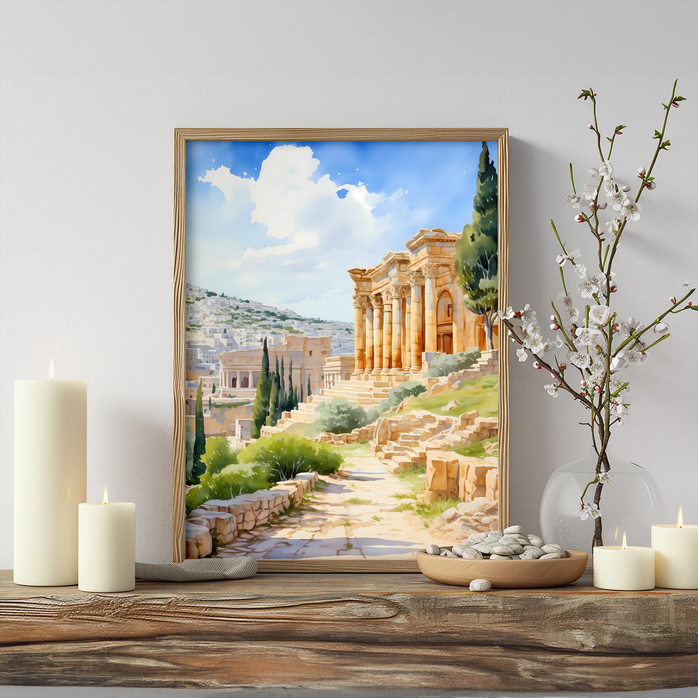 Jerash Watercolor Poster Travel Art Print Jordan Landscape Art Decor ...