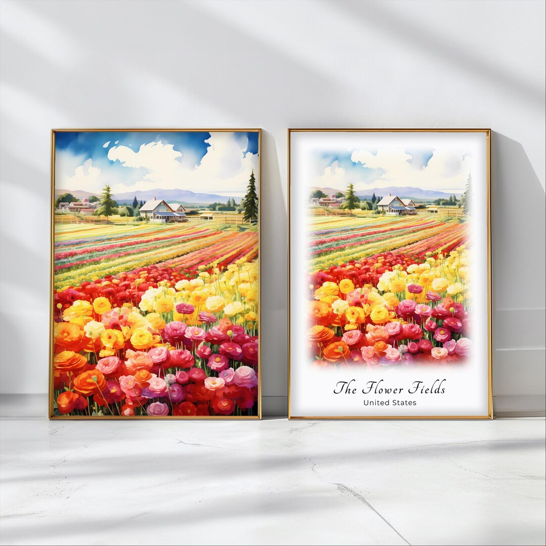 Flower Fields Watercolor Poster Travel Art Print USA Landscape Art ...