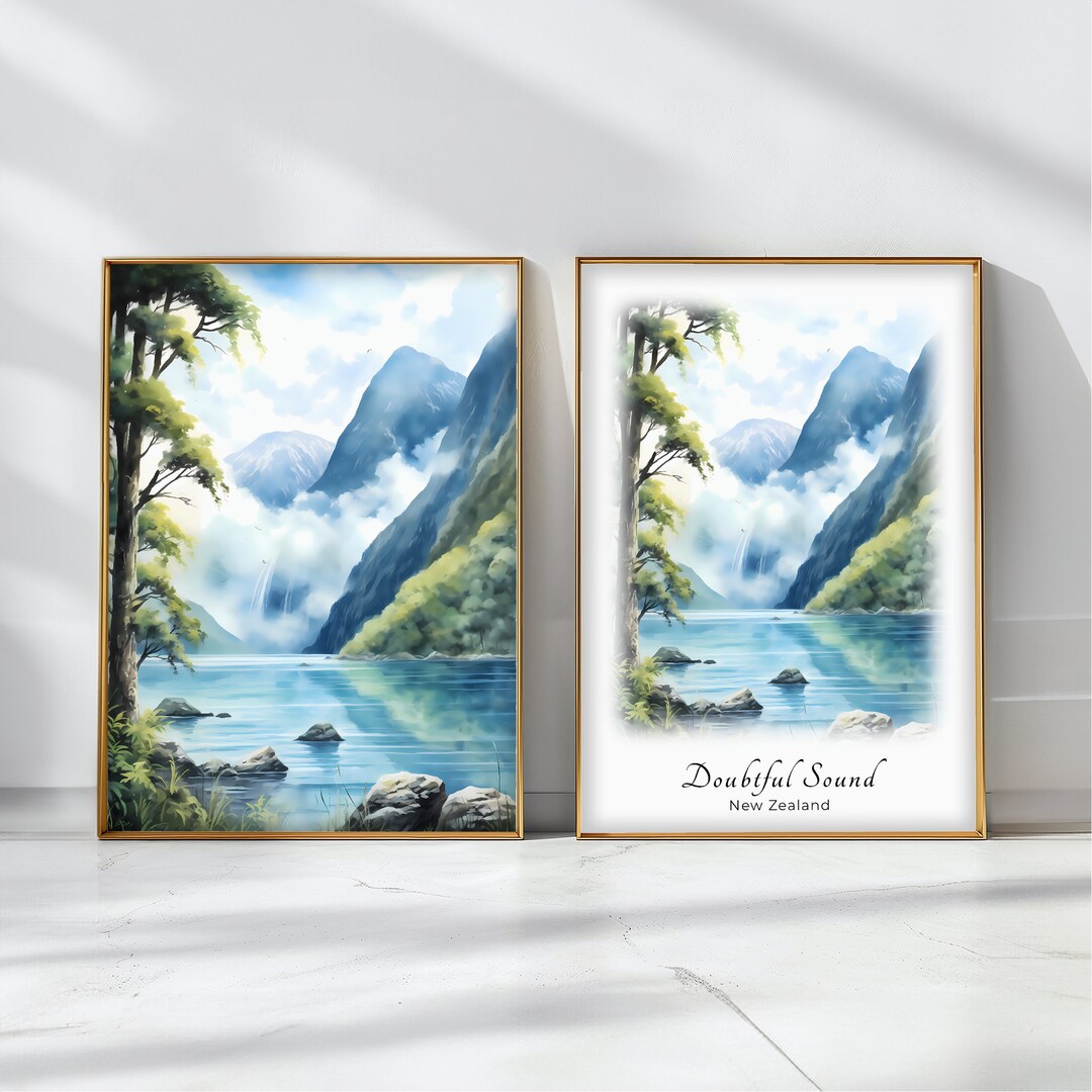 Doubtful Sound Watercolor Poster Travel Art Print New Zealand Landscape ...