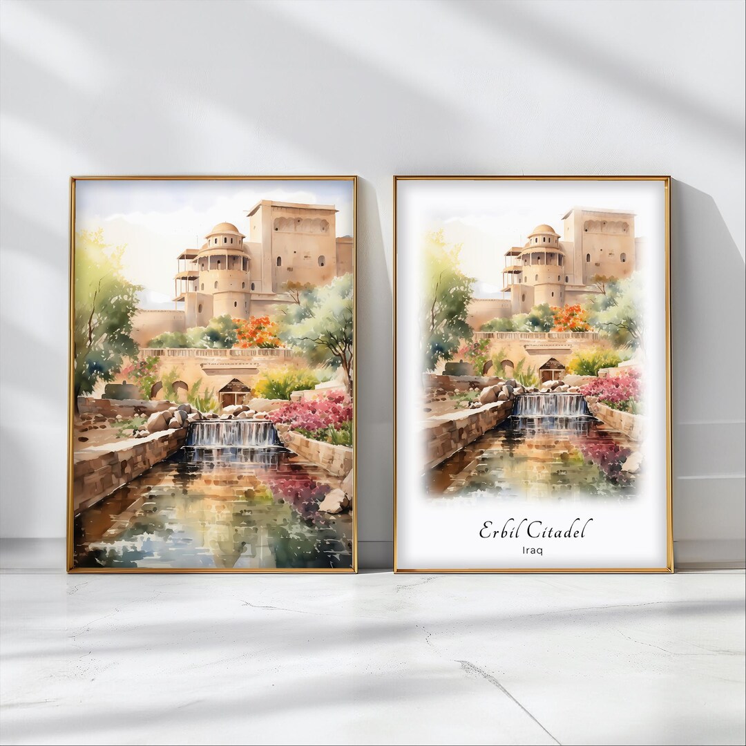 Erbil Citadel Watercolor Poster Travel Art Print Iraq Landscape Art ...