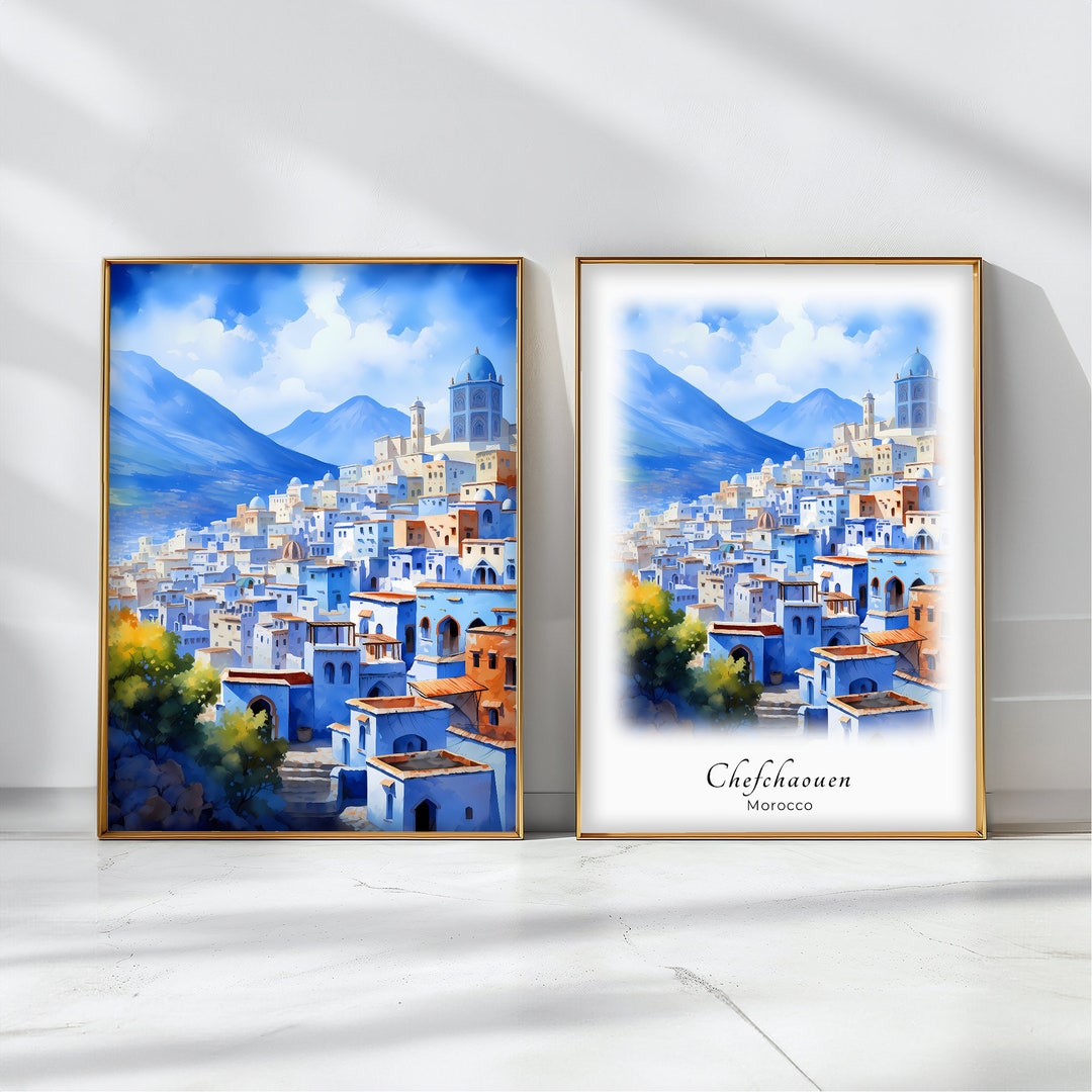 Chefchaouen Watercolor Poster Travel Art Print Morocco Landscape Art ...