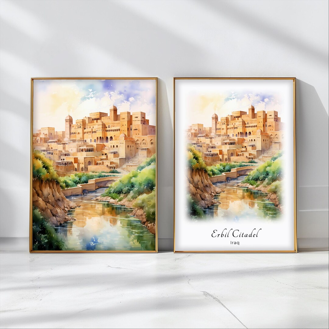Erbil Citadel Watercolor Poster Travel Art Print Iraq Landscape Art ...