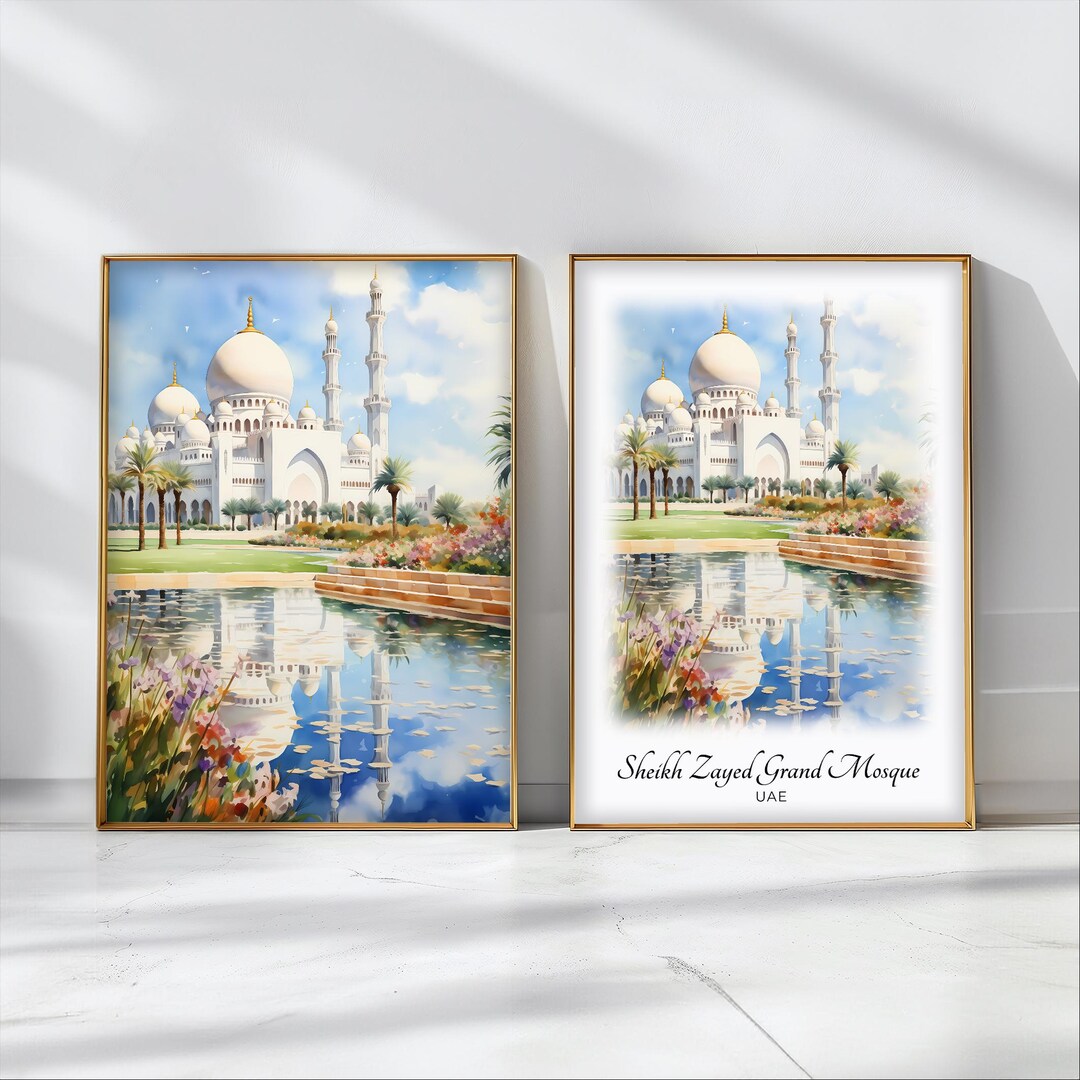 Sheikh Zayed Grand Mosque Watercolor Poster Travel Art Print UAE ...
