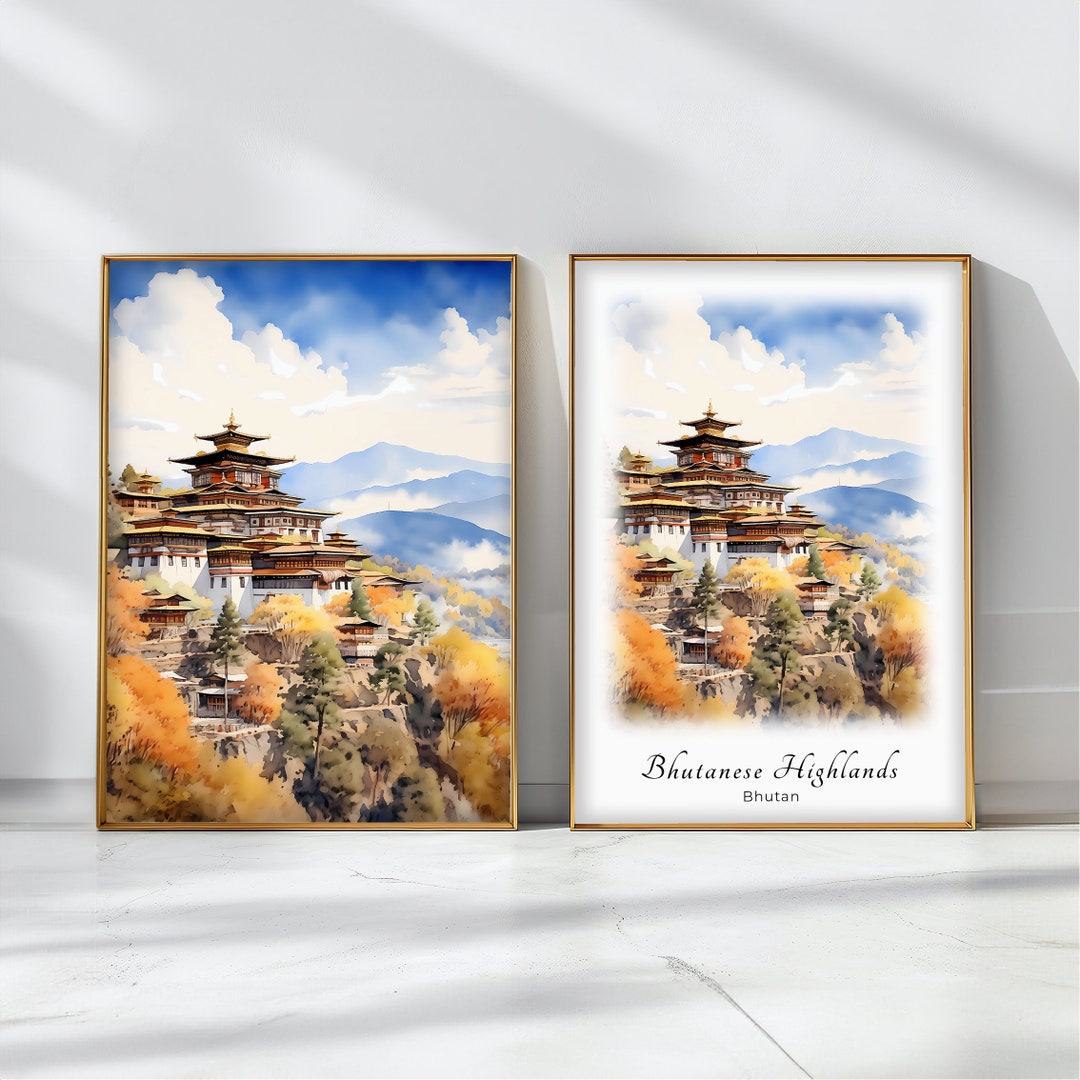 Bhutanese Highlands Watercolor Poster Travel Art Print Bhutan Landscape ...