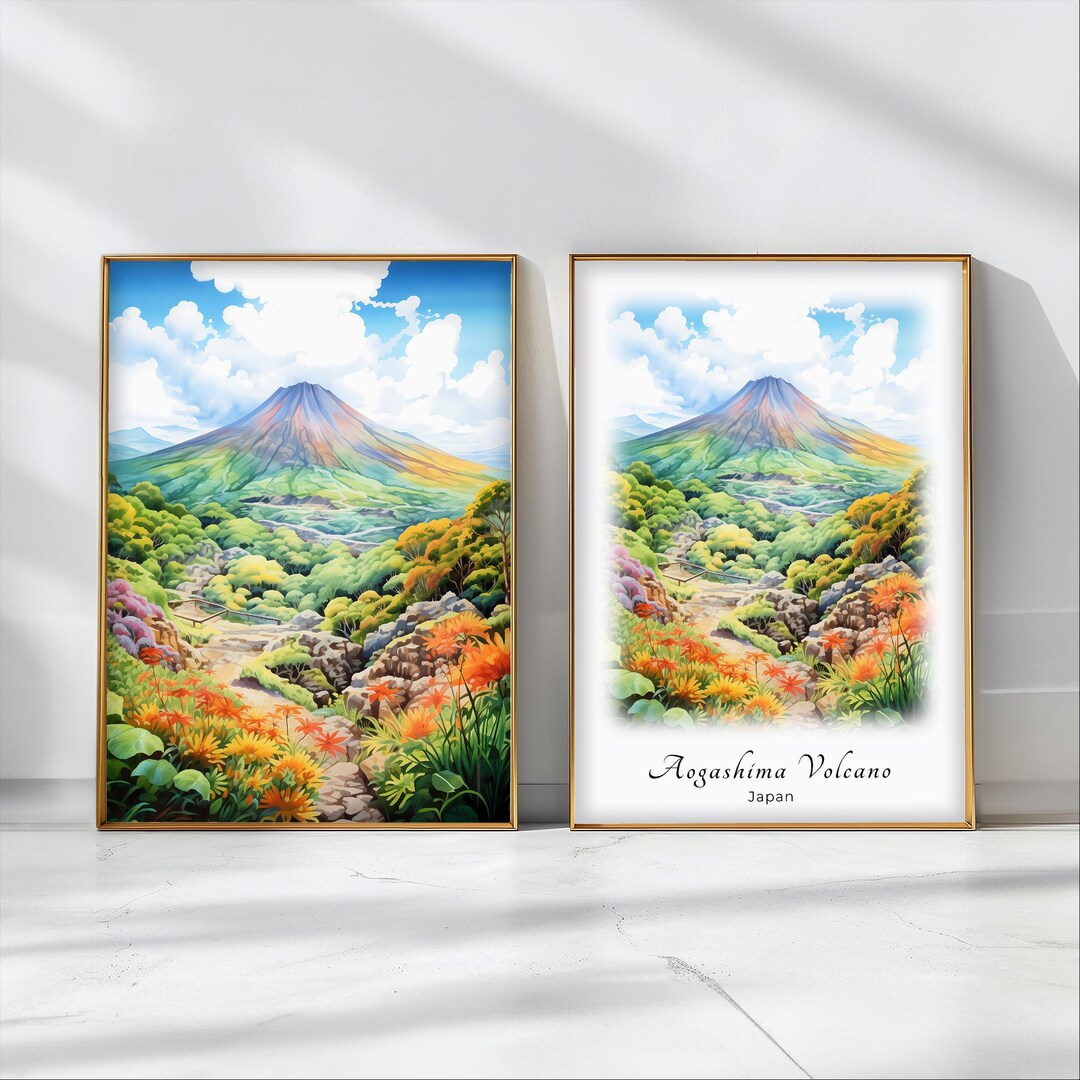 Aogashima Volcano Watercolor Poster Travel Art Print Japan Landscape ...