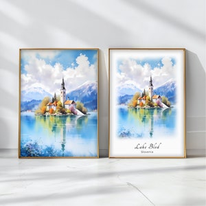Lake Bled Watercolor Poster Travel Art Print Slovenia Landscape Art ...