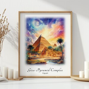 Giza Pyramid Complex Watercolor Poster Travel Art Print Egypt Landscape ...