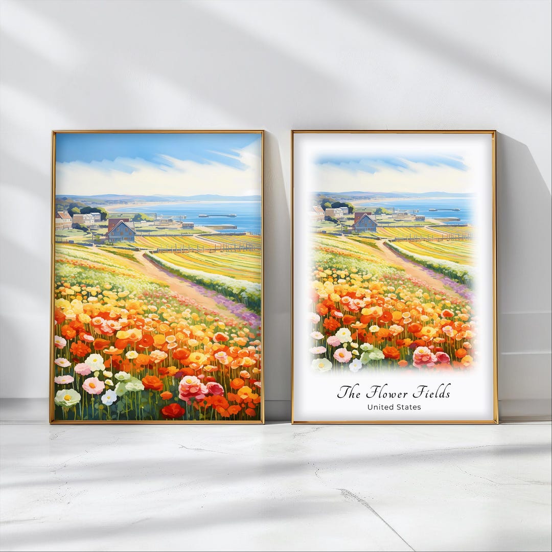 The Flower Fields Watercolor Poster Travel Art Print USA Landscape Art ...