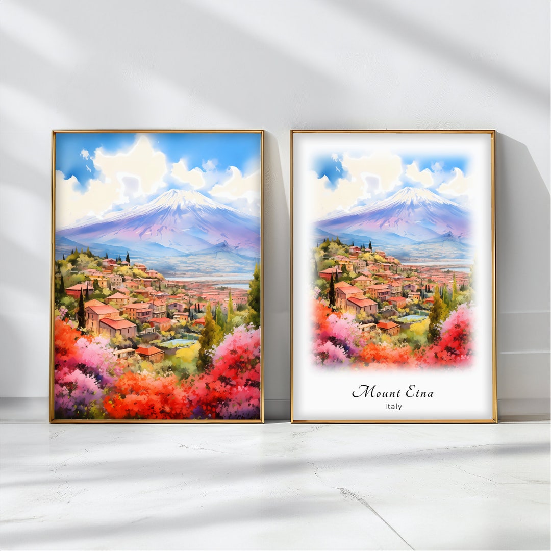 Mount Etna Watercolor Poster Travel Art Print Italy Landscape Art Decor ...