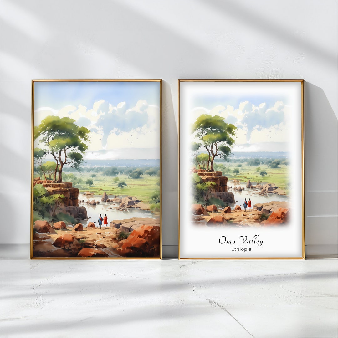 Omo Valley Watercolor Poster Travel Art Print Ethiopia Landscape Art ...