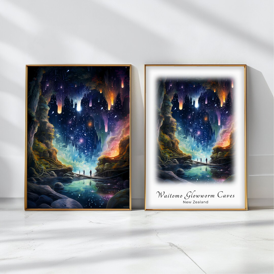Waitomo Glowworm Caves Watercolor Poster Travel Art Print New Zealand ...