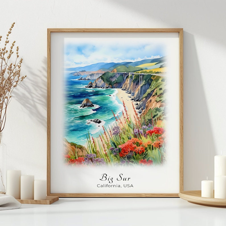 Big Sur Watercolor Poster Travel Art Print California, USA Landscape ...