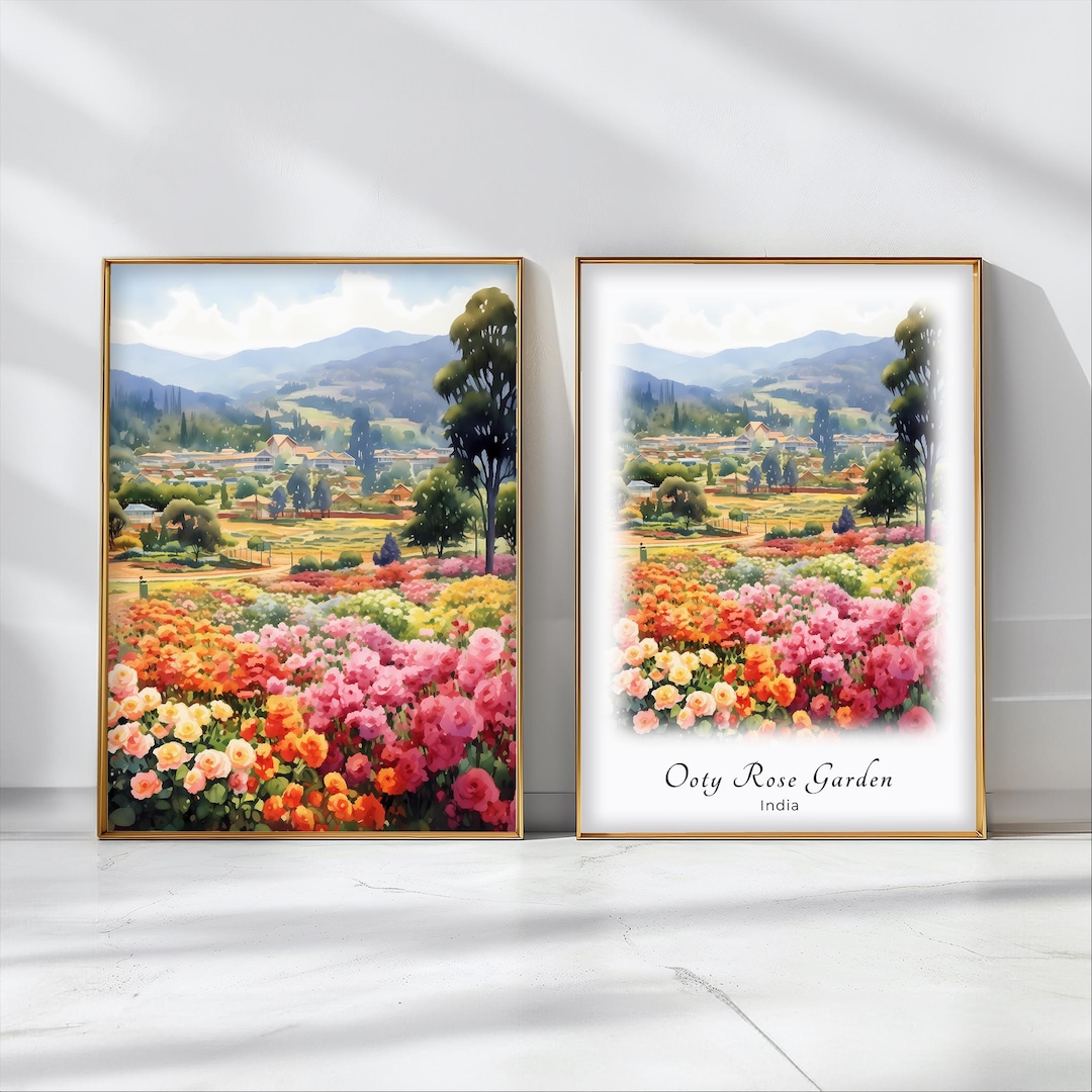 Ooty Rose Garden Watercolor Poster Travel Art Print India Landscape Art ...