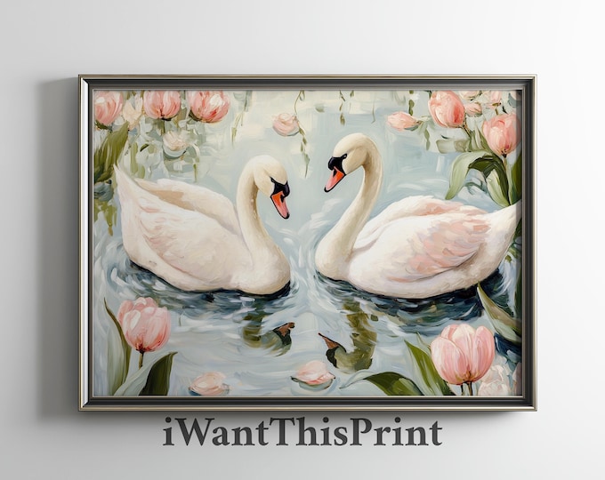 Pastel Swan in a Pond Oil Painting Print Soft Pastel Wall Art Pink and ...