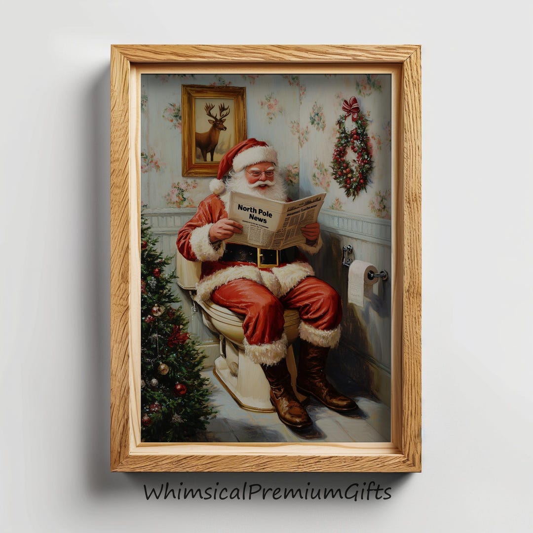 Santa Sitting on Toilet Funny Bathroom Art Print Printable Christmas ...