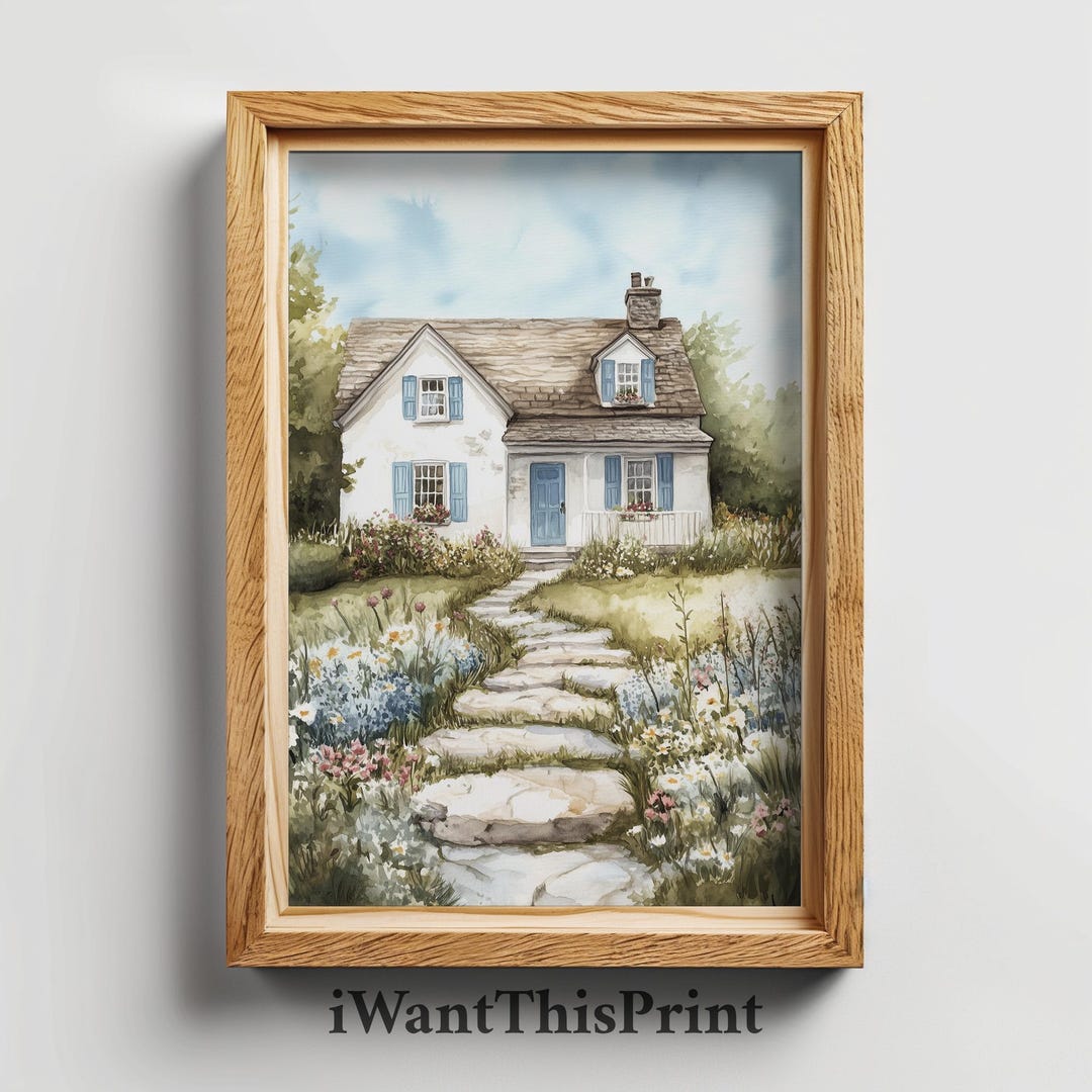 Cottage Watercolor Painting, Rustic Farmhouse Landscape Art (digital ...