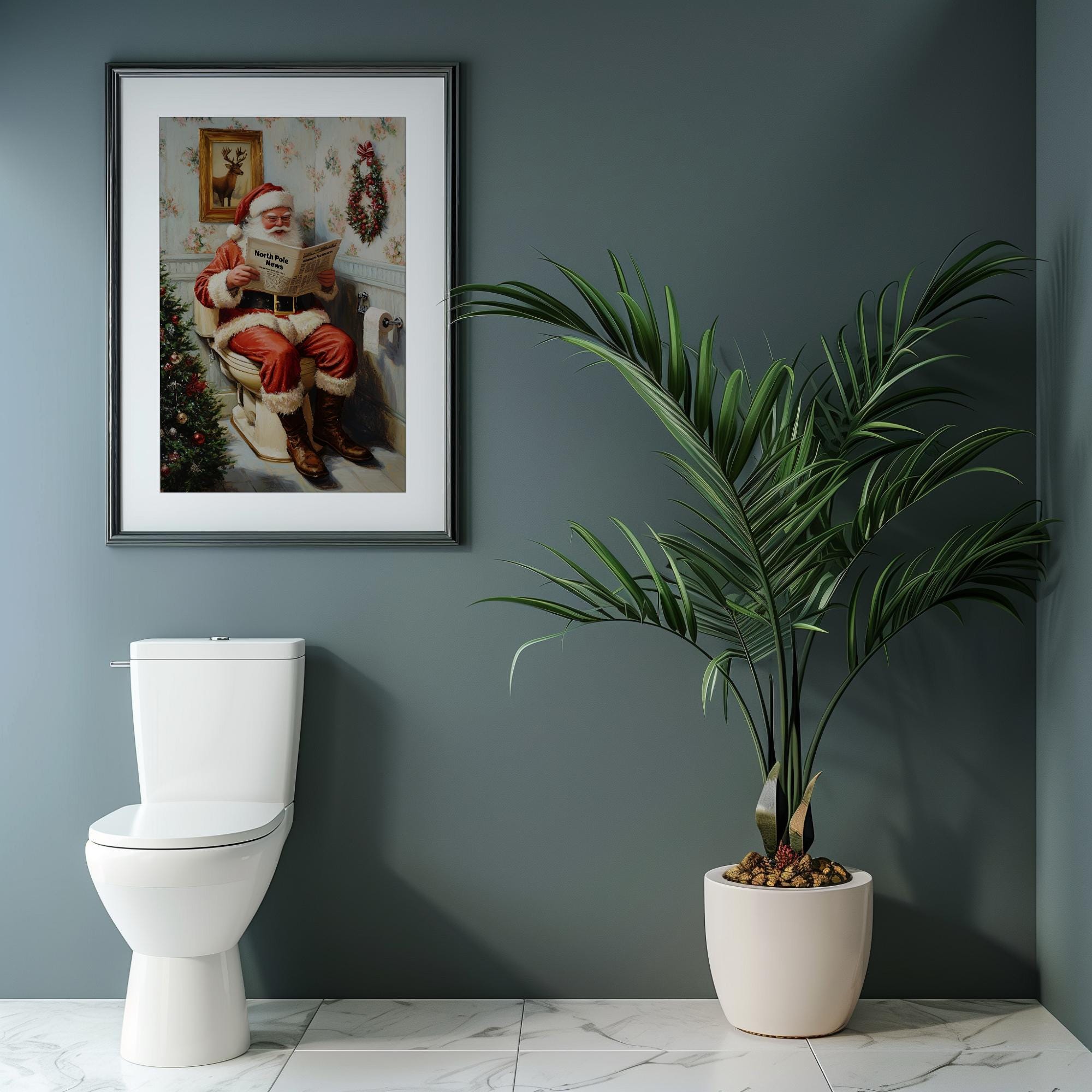 Santa Sitting on Toilet Funny Bathroom Art Print Printable Christmas ...