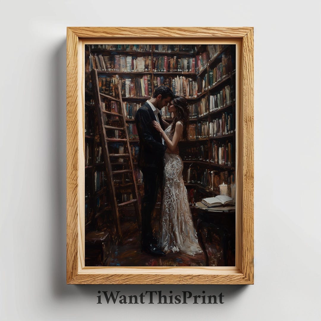 Vintage Romantic Library Painting Scene Book Lover Couple Art Vintage ...