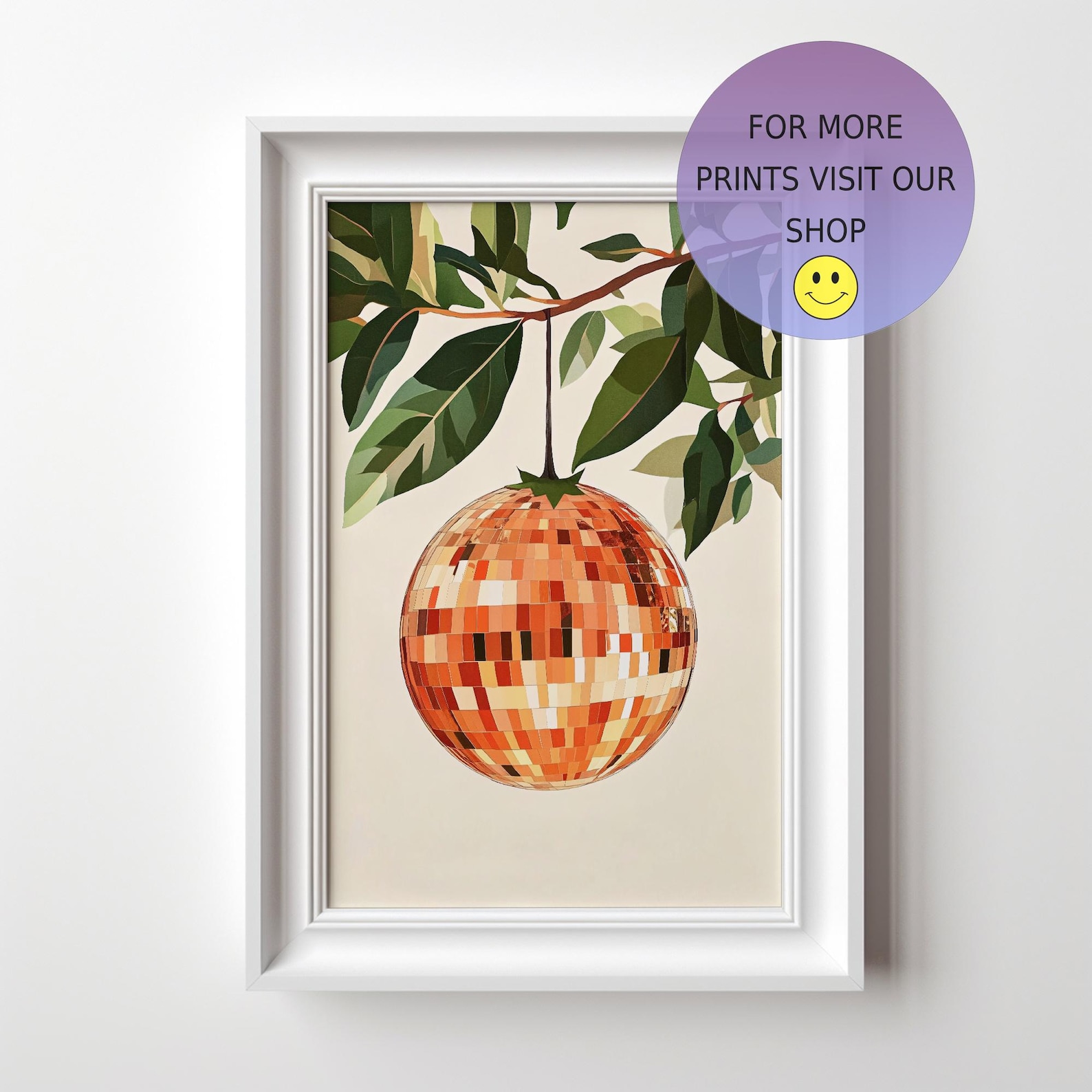 Orange Disco Ball Art Mirror Ball Bar Cart Poster Funky Food Home Decor ...