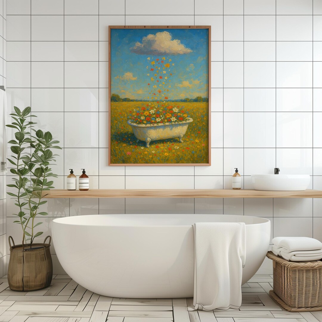 Vibrant Blooming Bathtub Landscape Painting, Whimsical Cloud and Flower ...