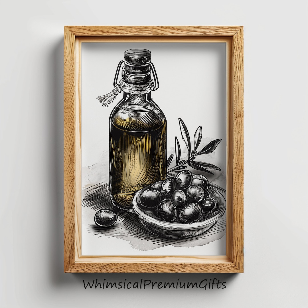 Olive Painting Hand Drawn Olive Branch & Oil Art Still Life Printable ...