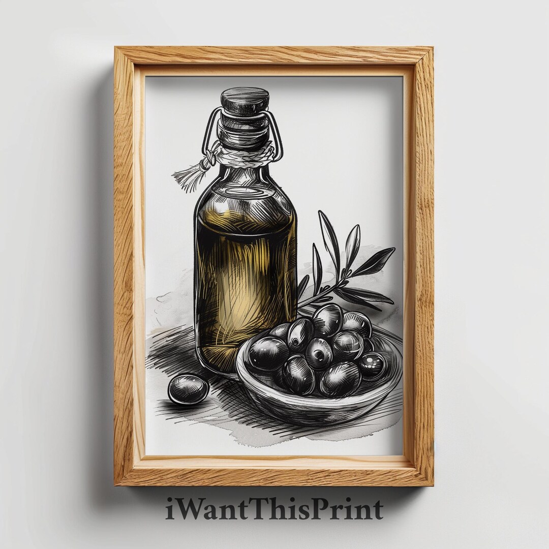 Olive Painting Hand Drawn Olive Branch & Oil Art Still Life Printable ...