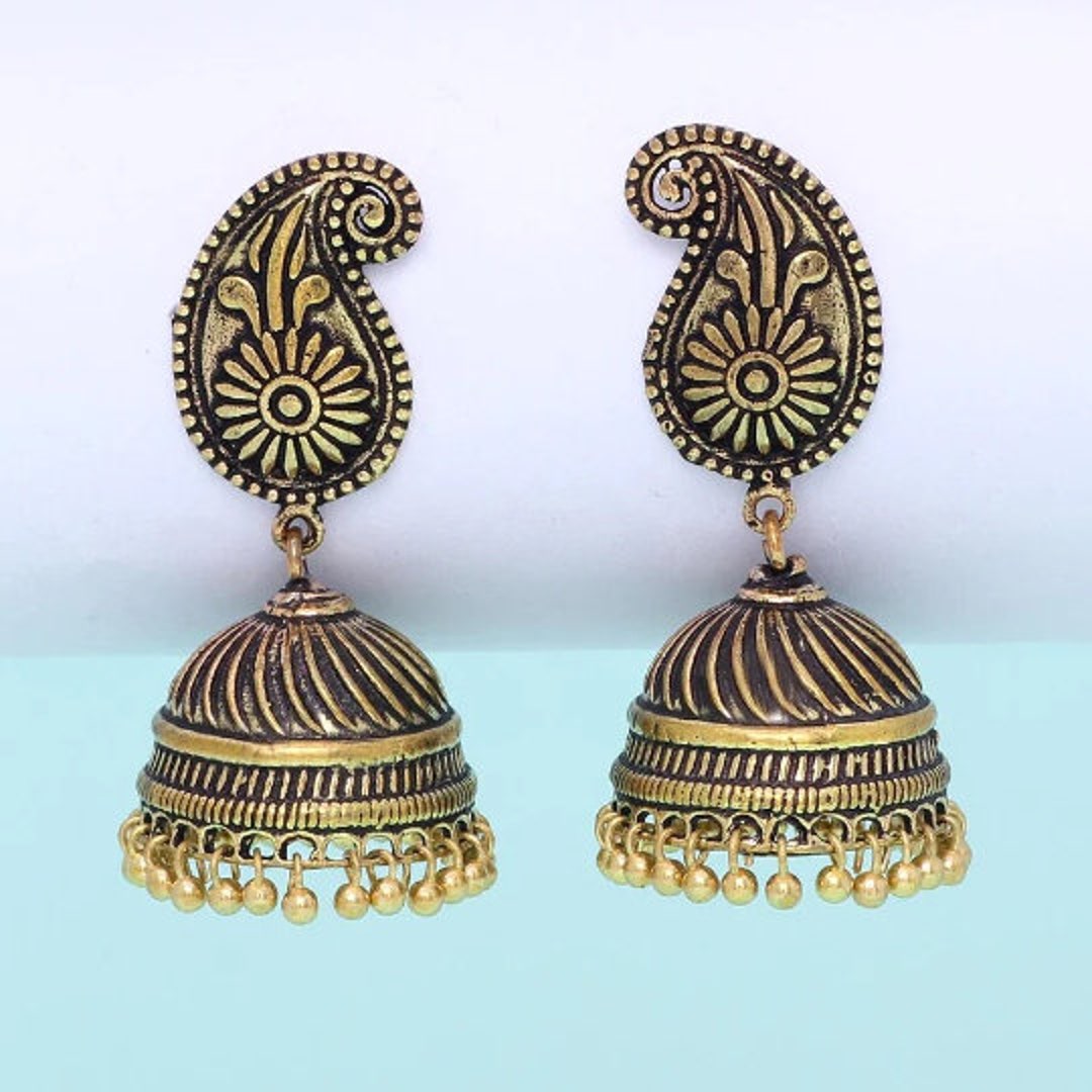 Indian Rajasthani Traditional Gold Oxidised Black Jhumka Earrings ...