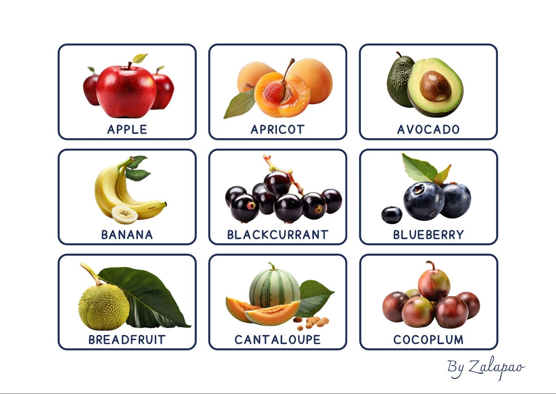 45 Fruits Cards for Kids, Fruit Cards, Fruit Lashcards, Flashcard ...