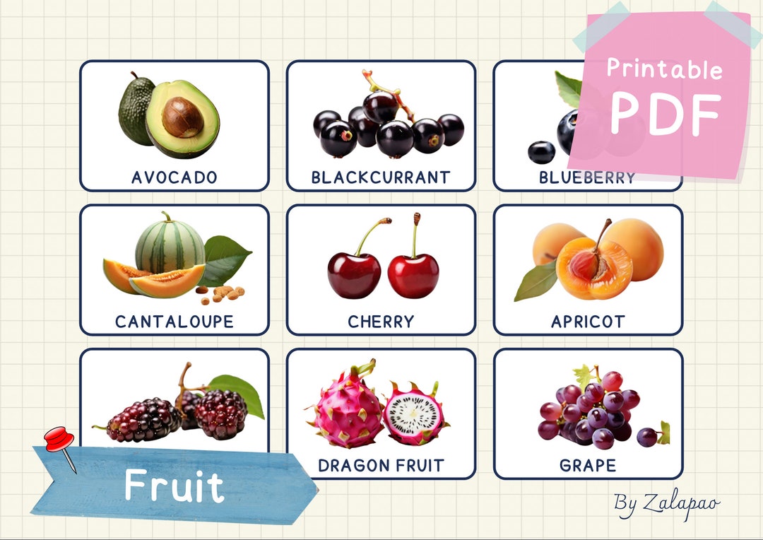 45 Fruits Cards for Kids, Fruit Cards, Fruit Lashcards, Flashcard ...