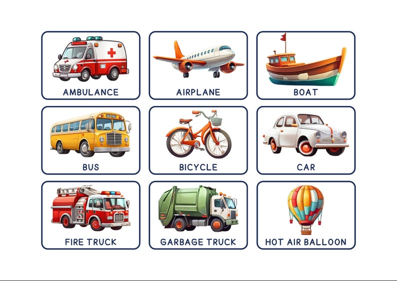 45 Vehicles Cards, Vehicles Cards for Kids, Preschool Cards, Vehicles ...