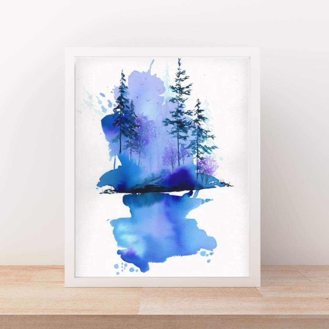 Abstract Blue Watercolor Forest Print: Cottagecore Landscape Poster - Etsy