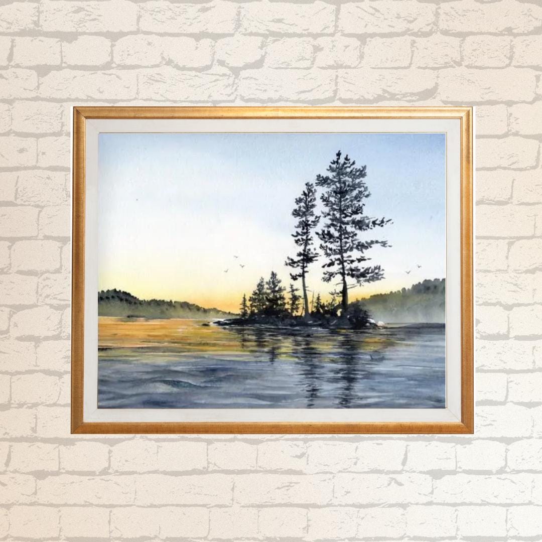 Lake Sunset Watercolor Print: Cottagecore Landscape Painting - Etsy