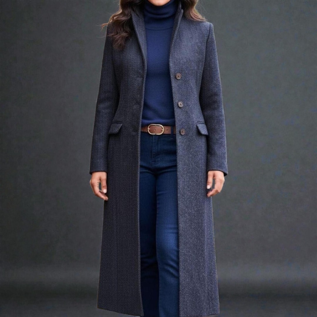 Women’s Navy Blue Herringbone Long Coat | Classic Tailored Winter ...