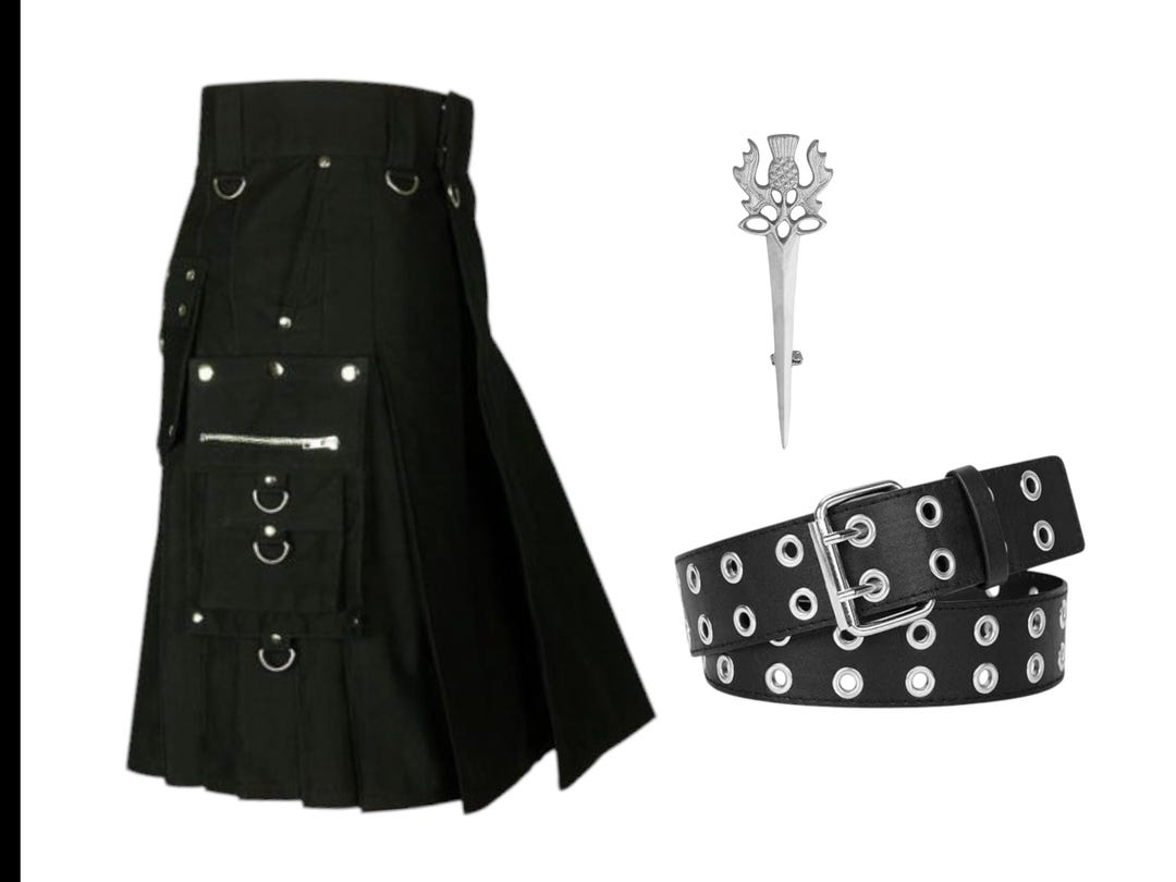 Gothic Punk Black Cotton Utility Kilt: Steampunk Cyber Goth With Free ...