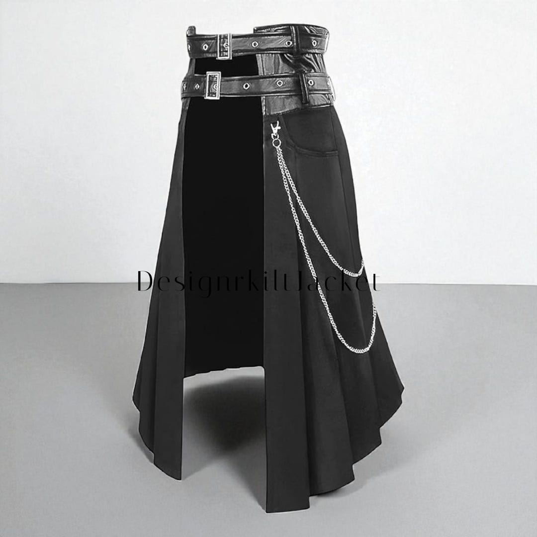Men’s Black Punk Medieval Utility Kilt – Gothic Rock Asymmetrical ...