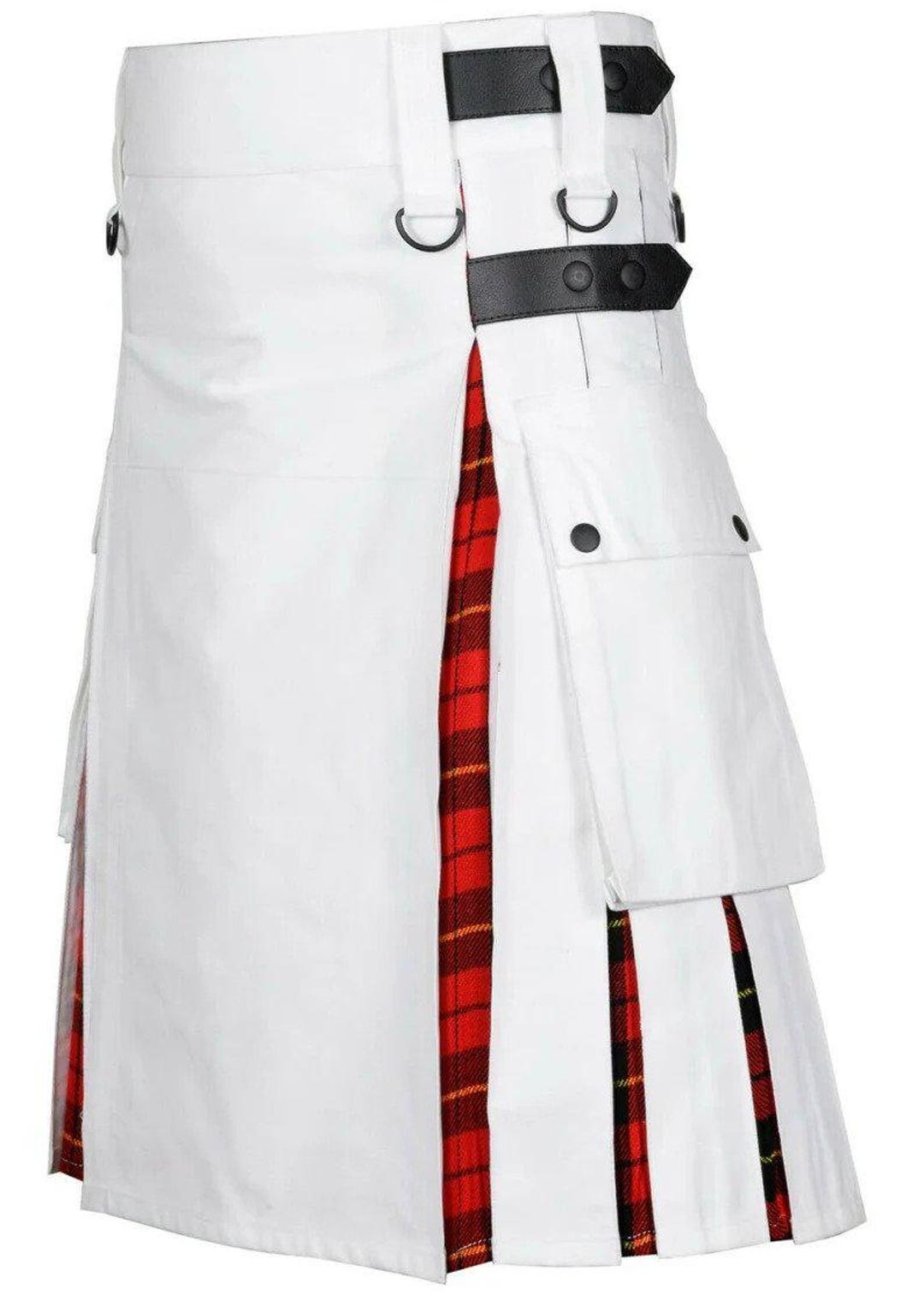 Scottish Hybrid Leather Strap Kilt White Cotton & Tartan Utility Kilt ...