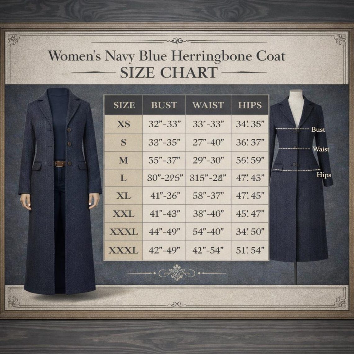 Women’s Navy Blue Herringbone Long Coat | Classic Tailored Winter ...