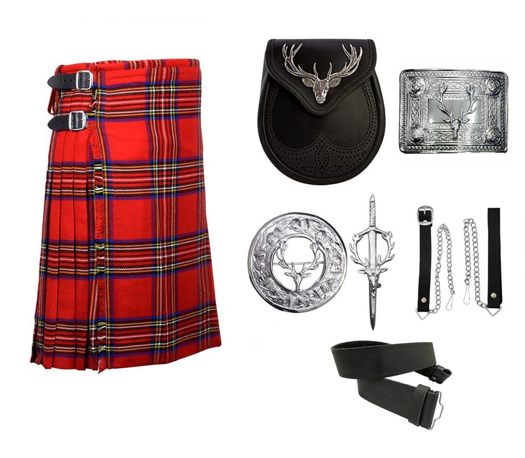 Traditional Scottish Kilt Set Tartan Kilt With Stag Head Sporran, Chain ...