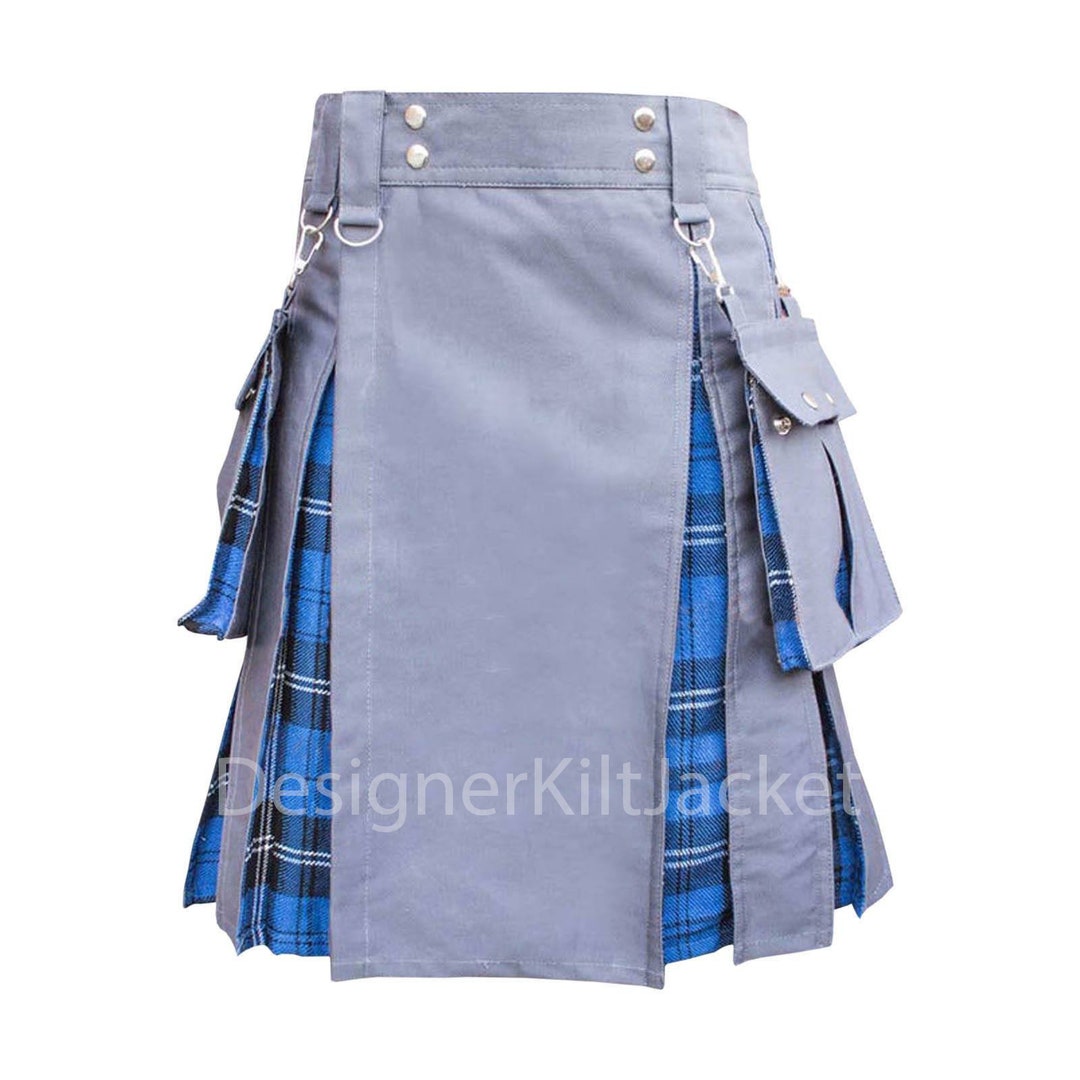 Scottish Hybrid Utility Kilt Tartan Detachable Cargo Pockets Kilt for Men Grey Cotton With 40 ...