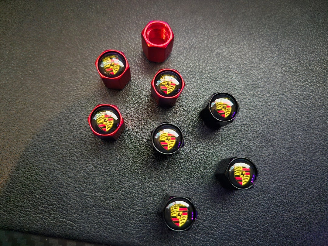 PORSCHE Black Crest Tire Valve Stem Caps 911 Set of 4 New Macan Cayenne ...