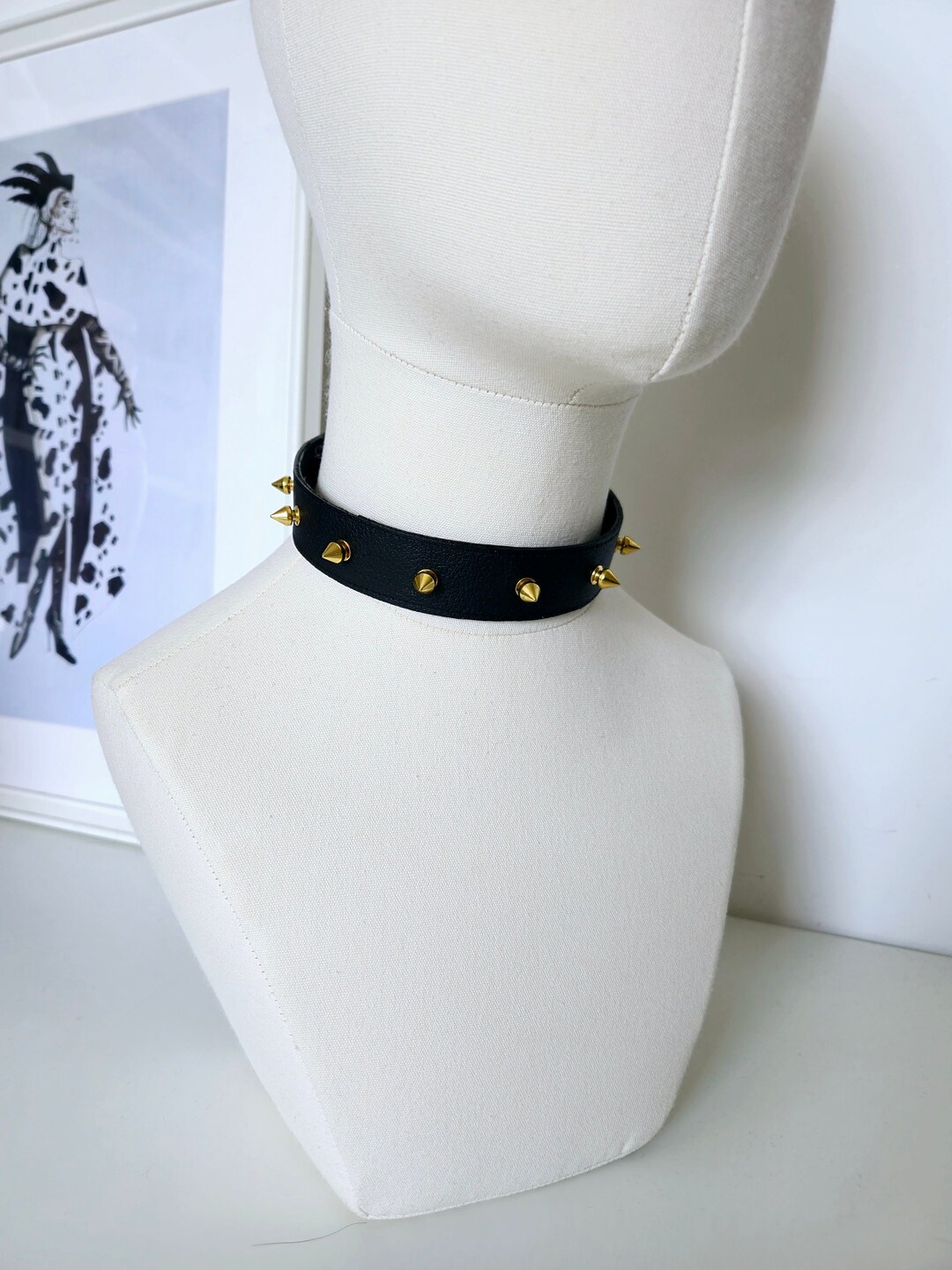 Black Real Leather Choker Necklace - Gold Metal Spike Studs Hardware ...