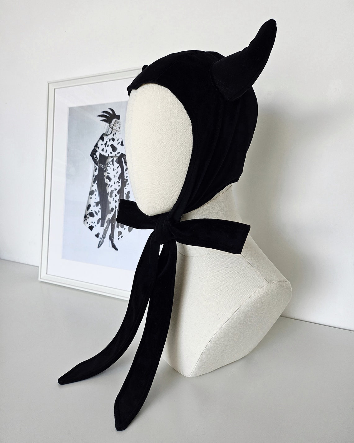 Horned Devil Bonnet Headpiece - 3D Plush Horns - Bow Tie - Black Velvet ...