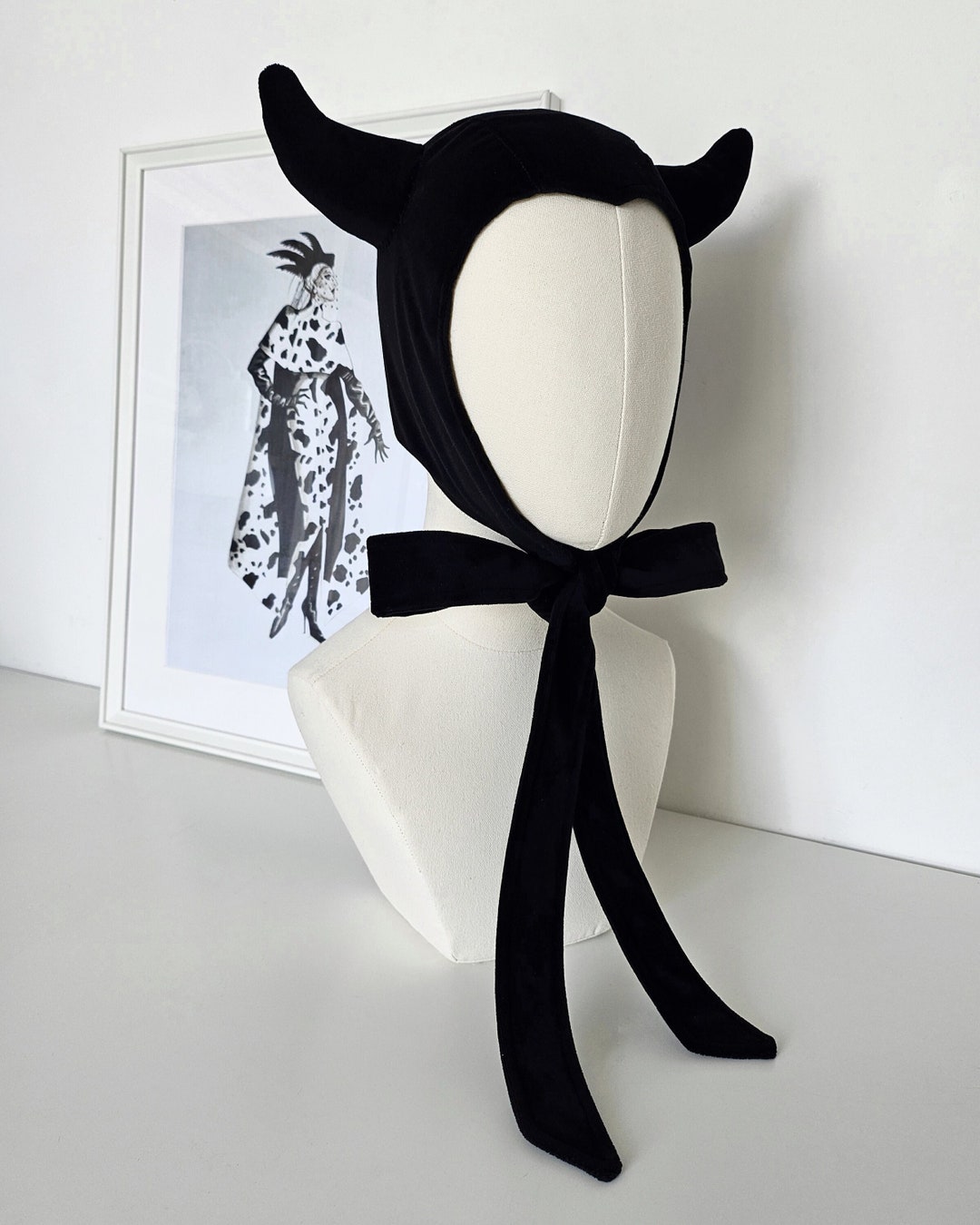 Horned Devil Bonnet Headpiece - 3D Plush Horns - Bow Tie - Black Velvet ...