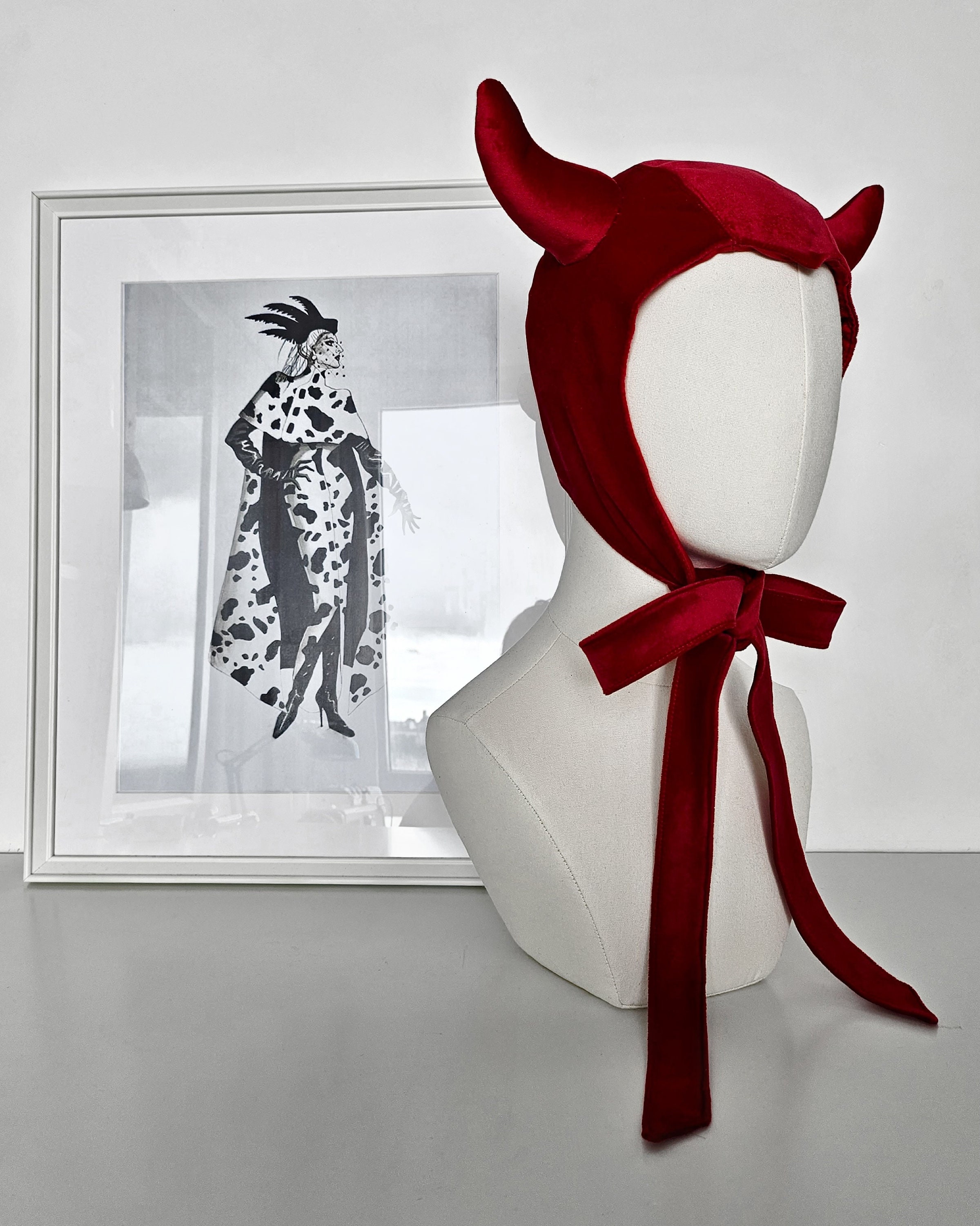 Horned Devil Bonnet Headpiece, 3D Plush Horns, Bow Tie, Red Velvet - Etsy