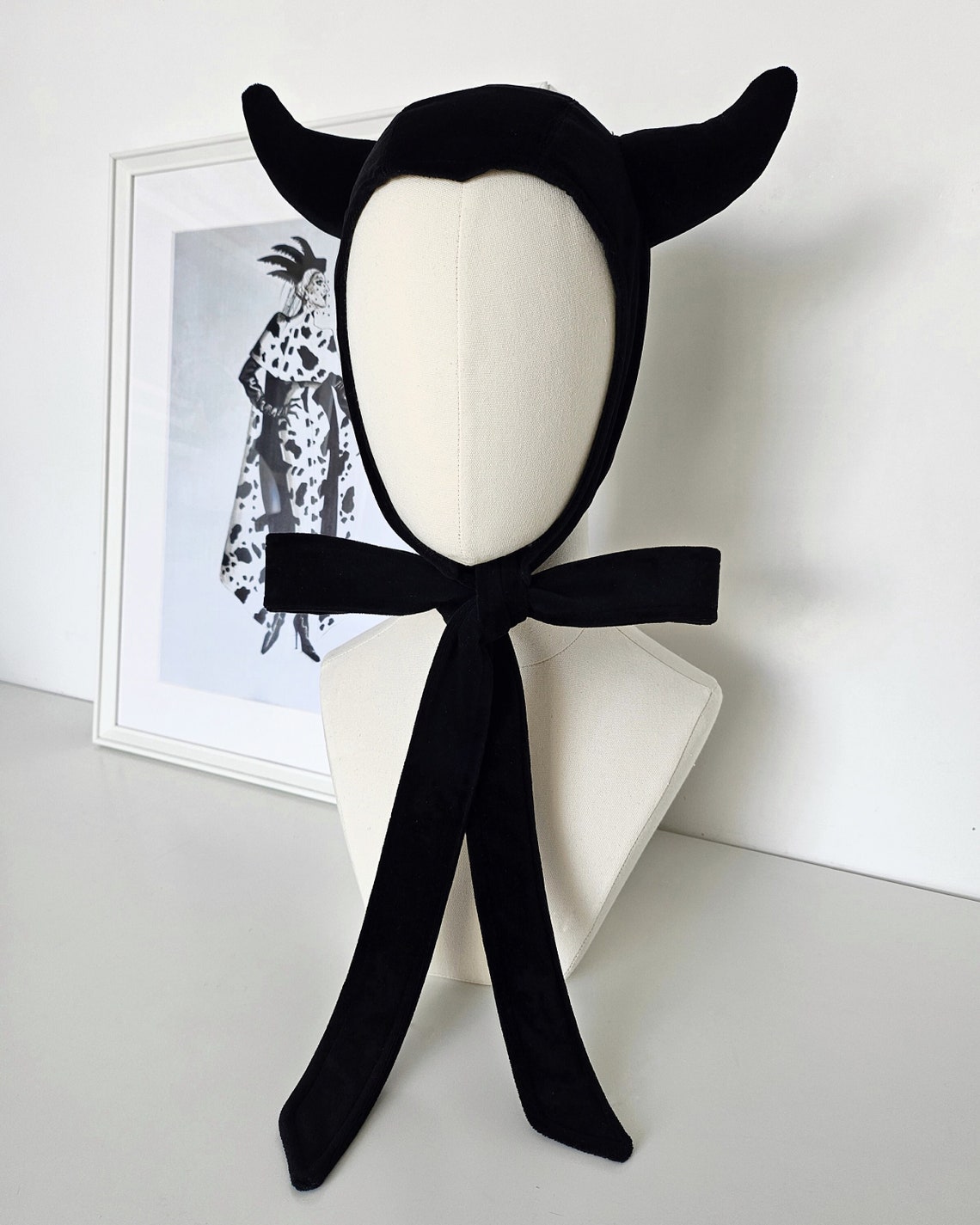 Horned Devil Bonnet Headpiece - 3D Plush Horns - Bow Tie - Black Velvet ...