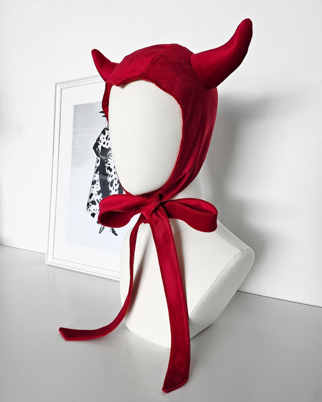 Horned Devil Bonnet Headpiece 3D Plush Horns Bow Tie Red Velvet Drag ...